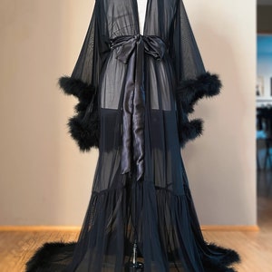 Long Black Marabou Feather Trim Robe - Etsy