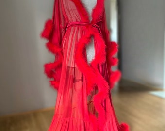 Dusty Pink Robe With Marabou Feather Trim Long - Etsy