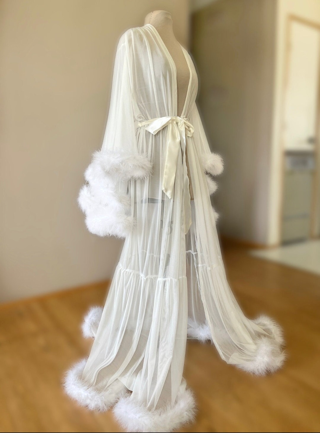 White Bridal Robe With Marabou Feather Trim Long - Etsy