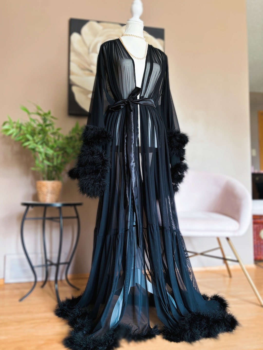 Long Black Marabou Feather Trim Robe - Etsy