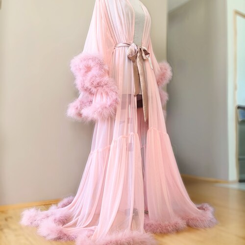 Dusty Pink Robe With Marabou Feather Trim Long - Etsy