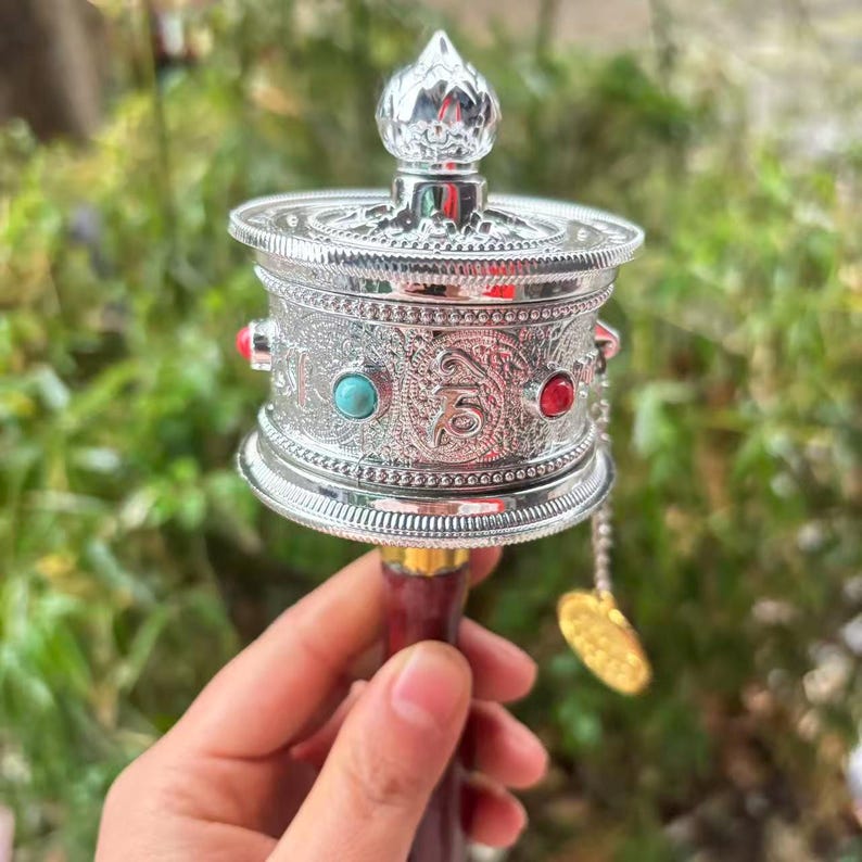 Tibetan Brass Hand Prayer Wheel Dual Bearing Silent Mantra Spinner Wood ...