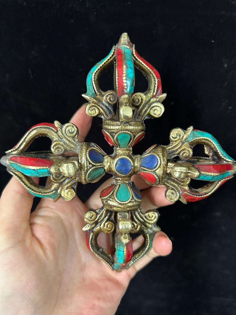 Tibetan Brass Double Vajra Dorje, Inlaid Turquoise & Coral, Buddhist ...