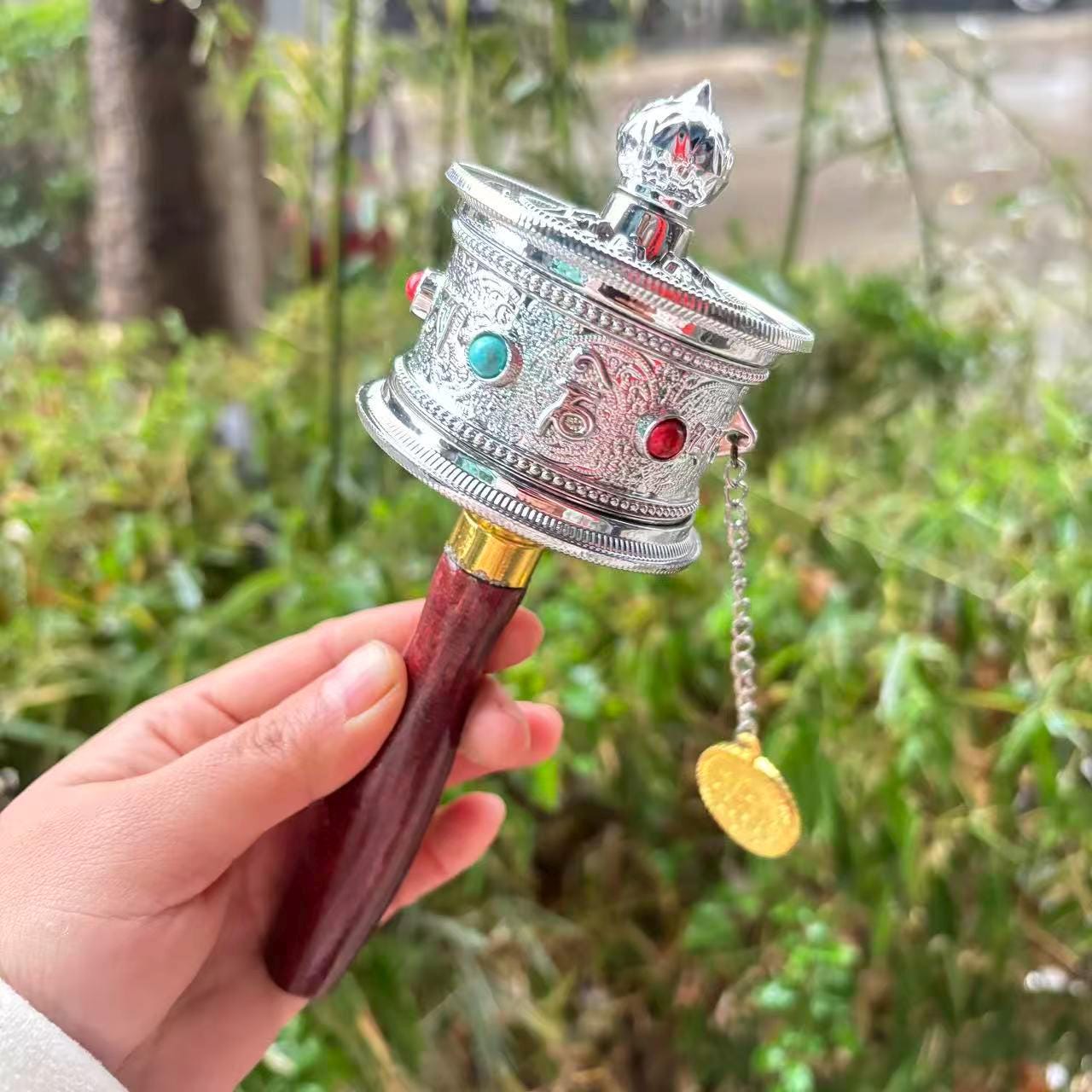 Tibetan Brass Hand Prayer Wheel Dual Bearing Silent Mantra Spinner Wood ...