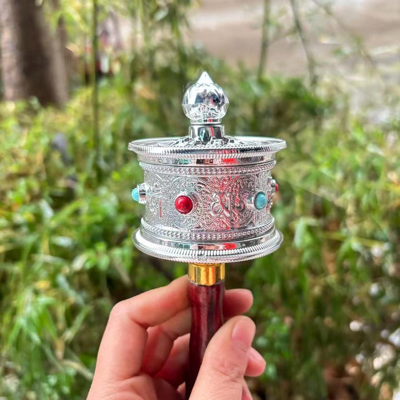 Tibetan Brass Hand Prayer Wheel Dual Bearing Silent Mantra Spinner Wood ...