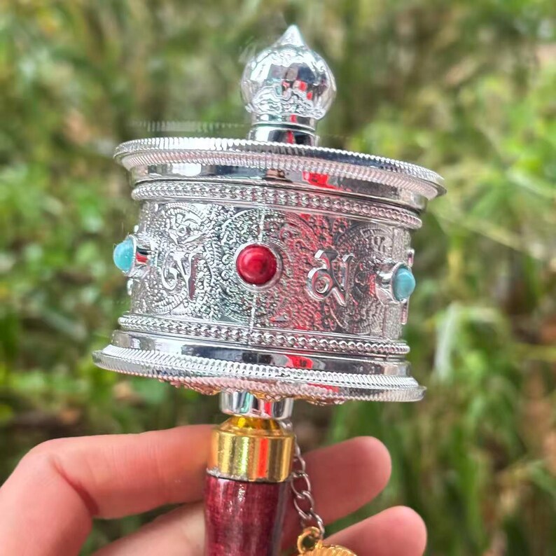 Tibetan Brass Hand Prayer Wheel Dual Bearing Silent Mantra Spinner Wood ...