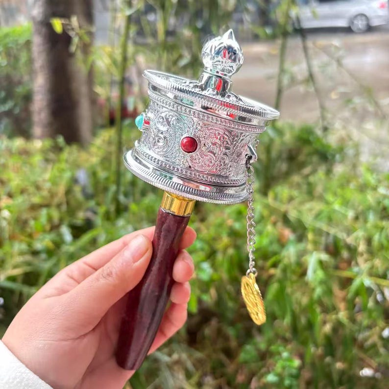 Tibetan Brass Hand Prayer Wheel Dual Bearing Silent Mantra Spinner Wood ...