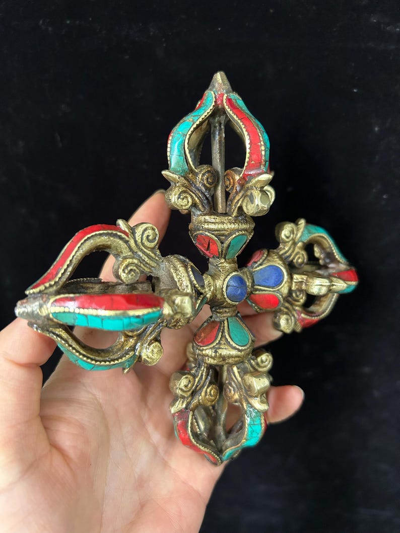 Tibetan Brass Double Vajra Dorje, Inlaid Turquoise & Coral, Buddhist ...
