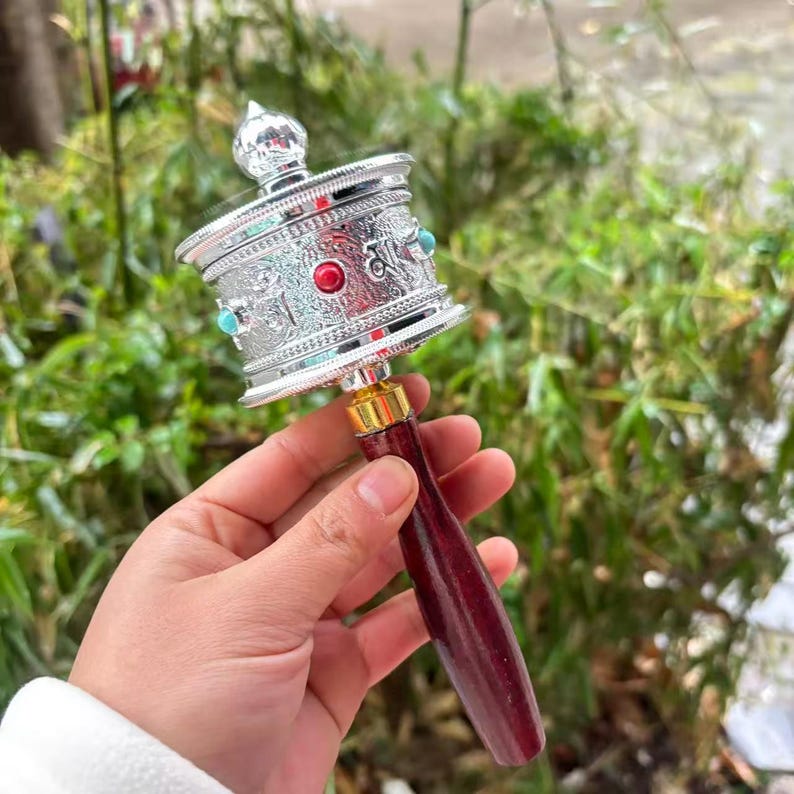 Tibetan Brass Hand Prayer Wheel Dual Bearing Silent Mantra Spinner Wood ...