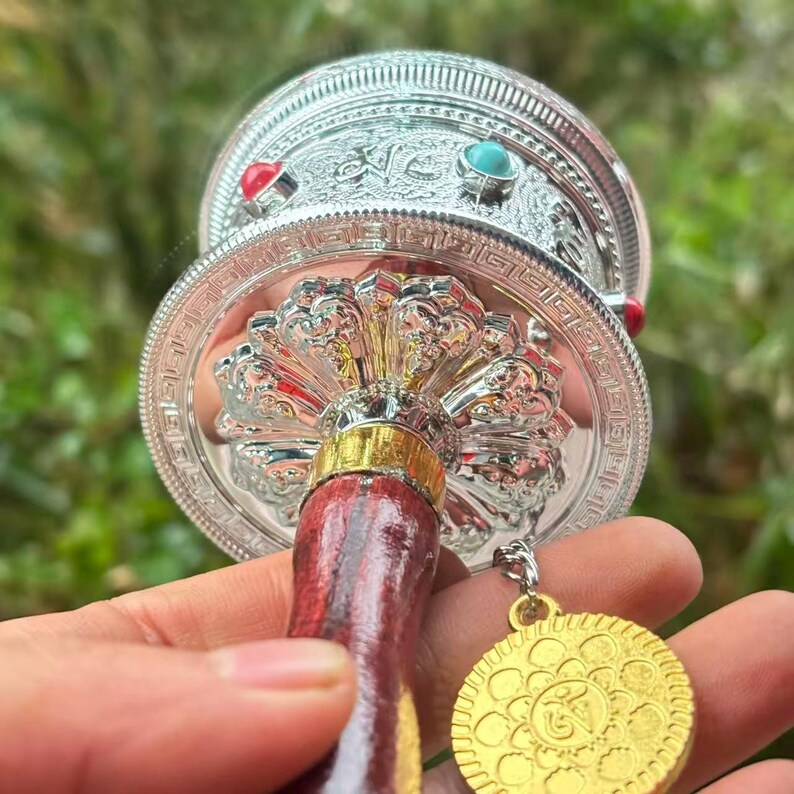 Tibetan Brass Hand Prayer Wheel Dual Bearing Silent Mantra Spinner Wood ...