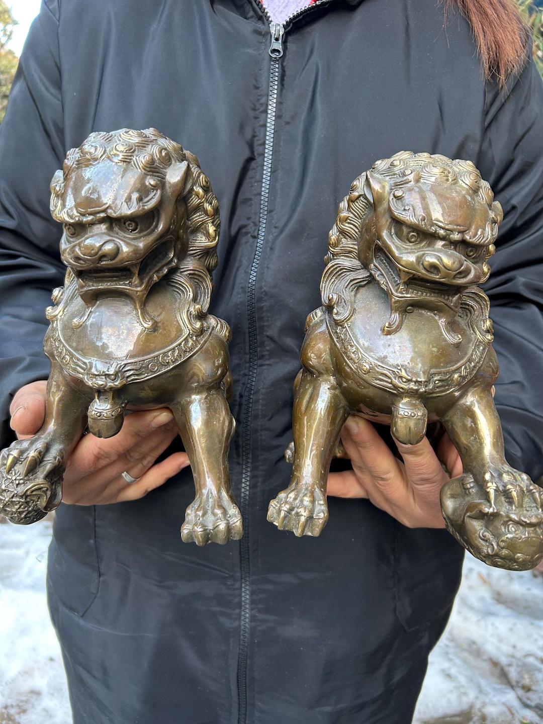 A Pair Old Antiques Chinese Brass Fu Foo Dog Guardian Lion Statues ...