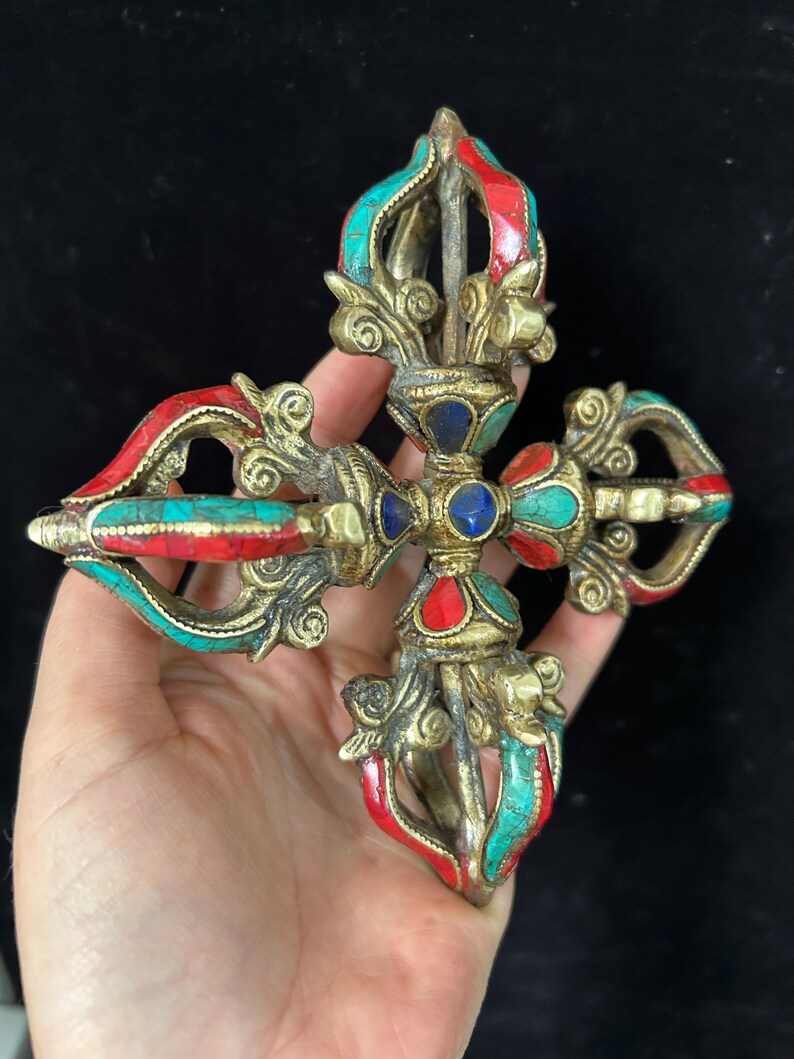 Tibetan Brass Double Vajra Dorje, Inlaid Turquoise & Coral, Buddhist ...