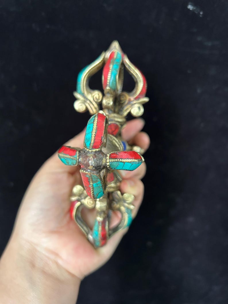 Tibetan Brass Double Vajra Dorje, Inlaid Turquoise & Coral, Buddhist ...