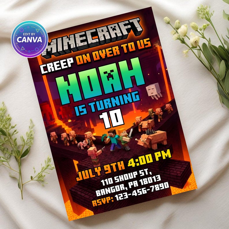 Minecraft Pixel Birthday Invitation Editable Template, Gamer Kids Party ...