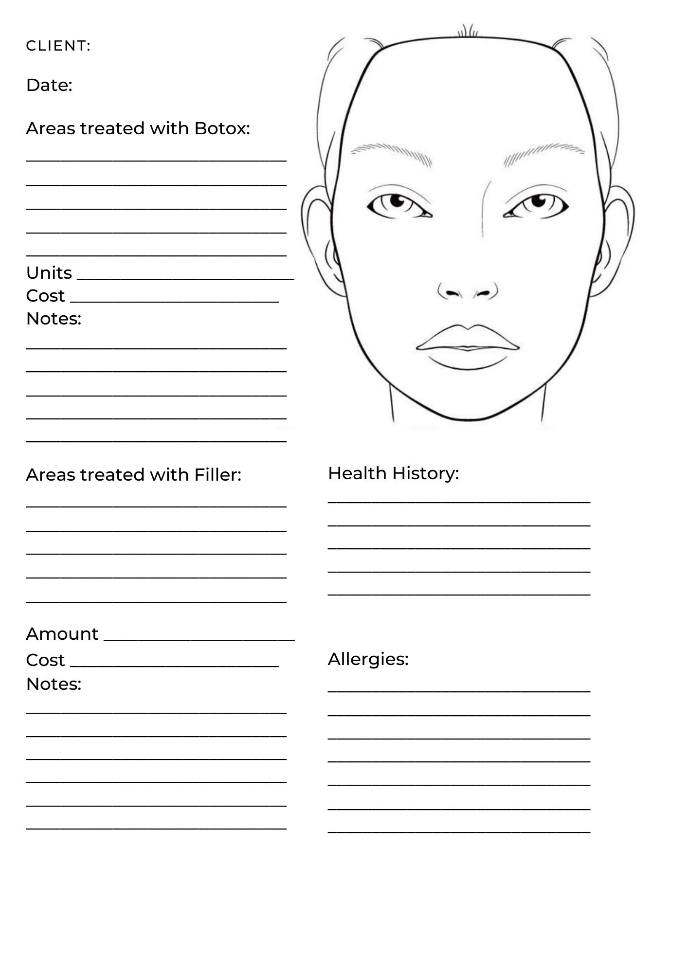 Botox and Filler Treatment Client Record Printable Template Nurse ...