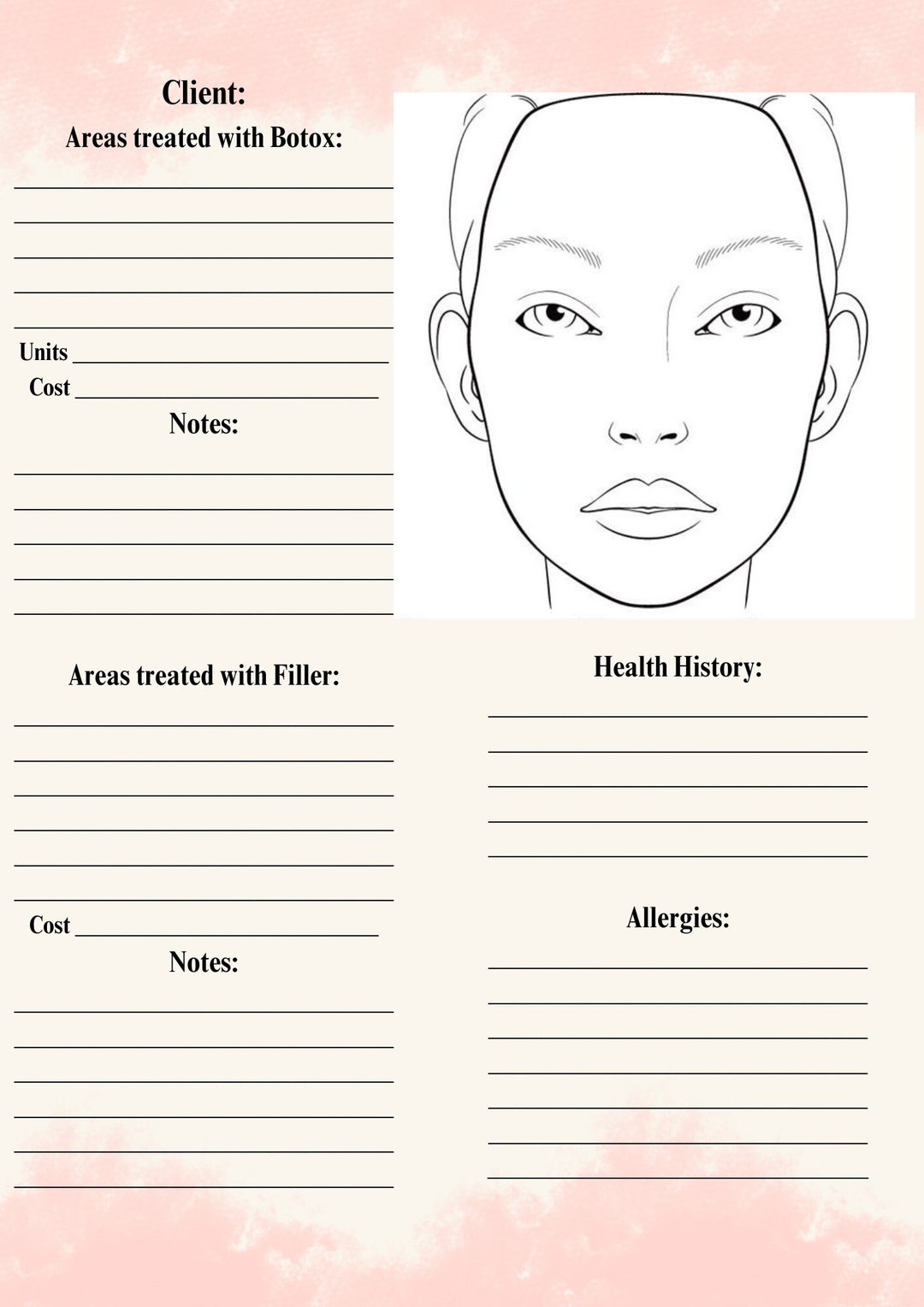 Botox and Filler Treatment Client Record Printable Template Nurse ...