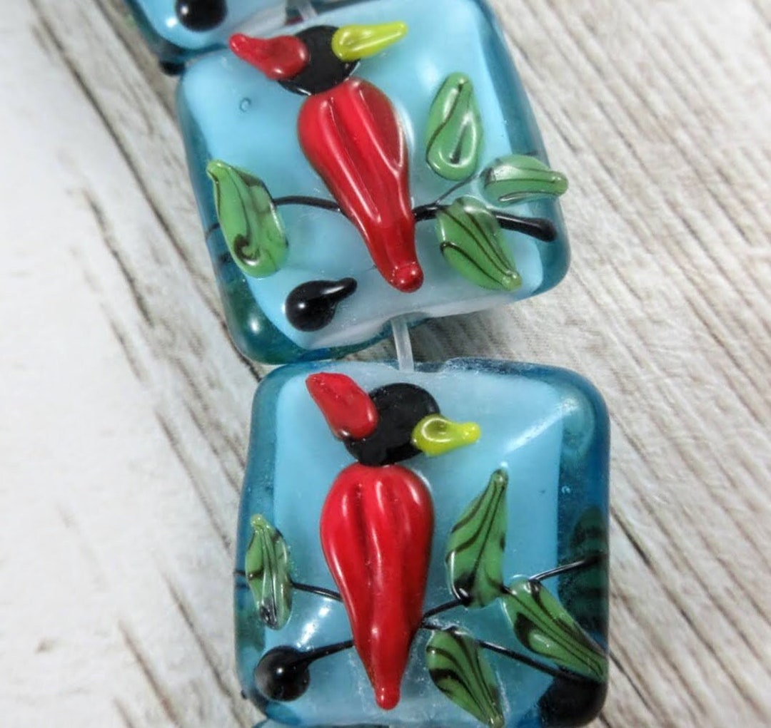 Red Cardinal Glass Lampwork Beads on Aqua or Caribbean Blue Slightly ...