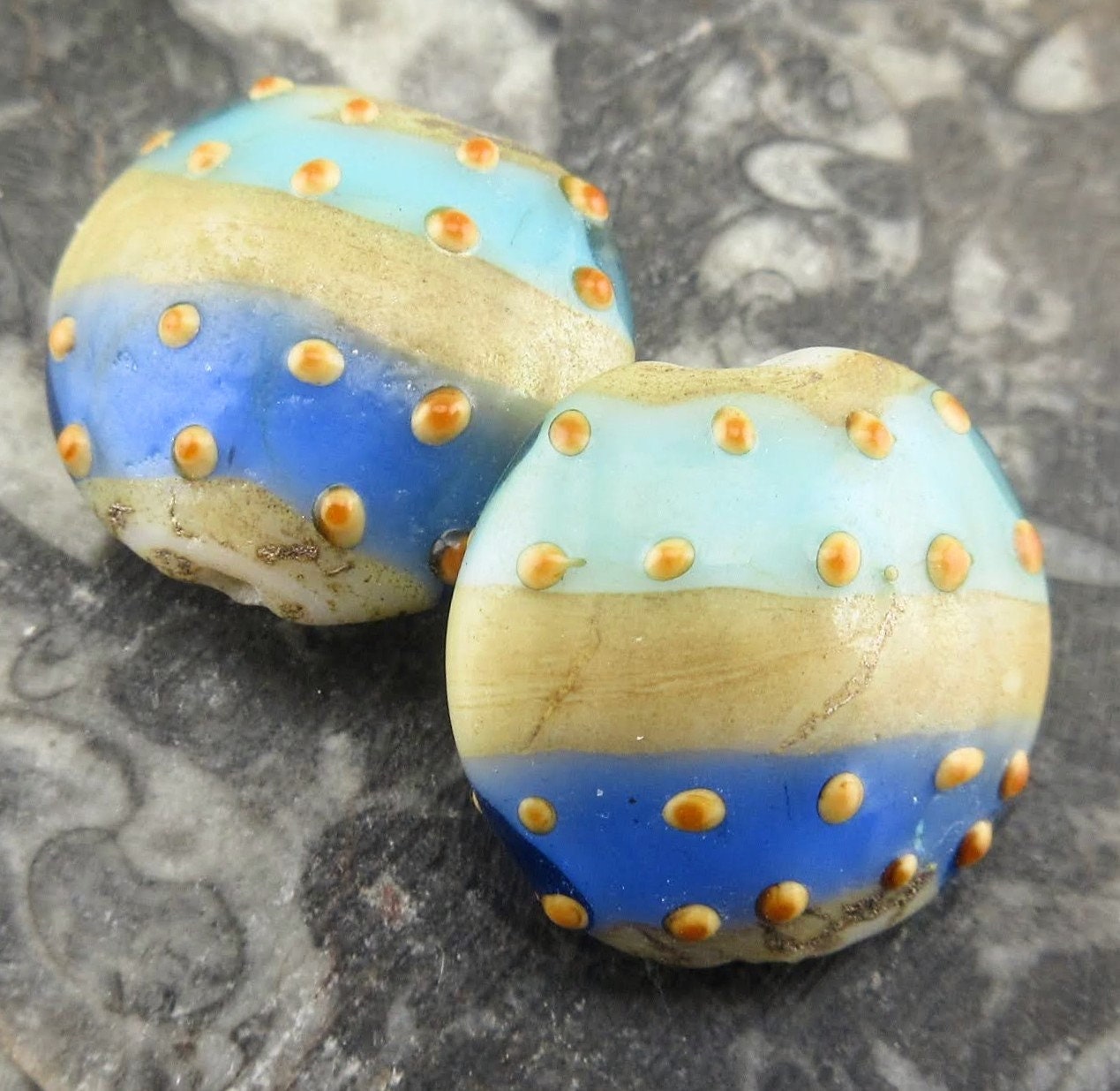 Striped Lampwork Glass Beads: Mint, Blue, Gold Dots 20mm Handmade Discs ...