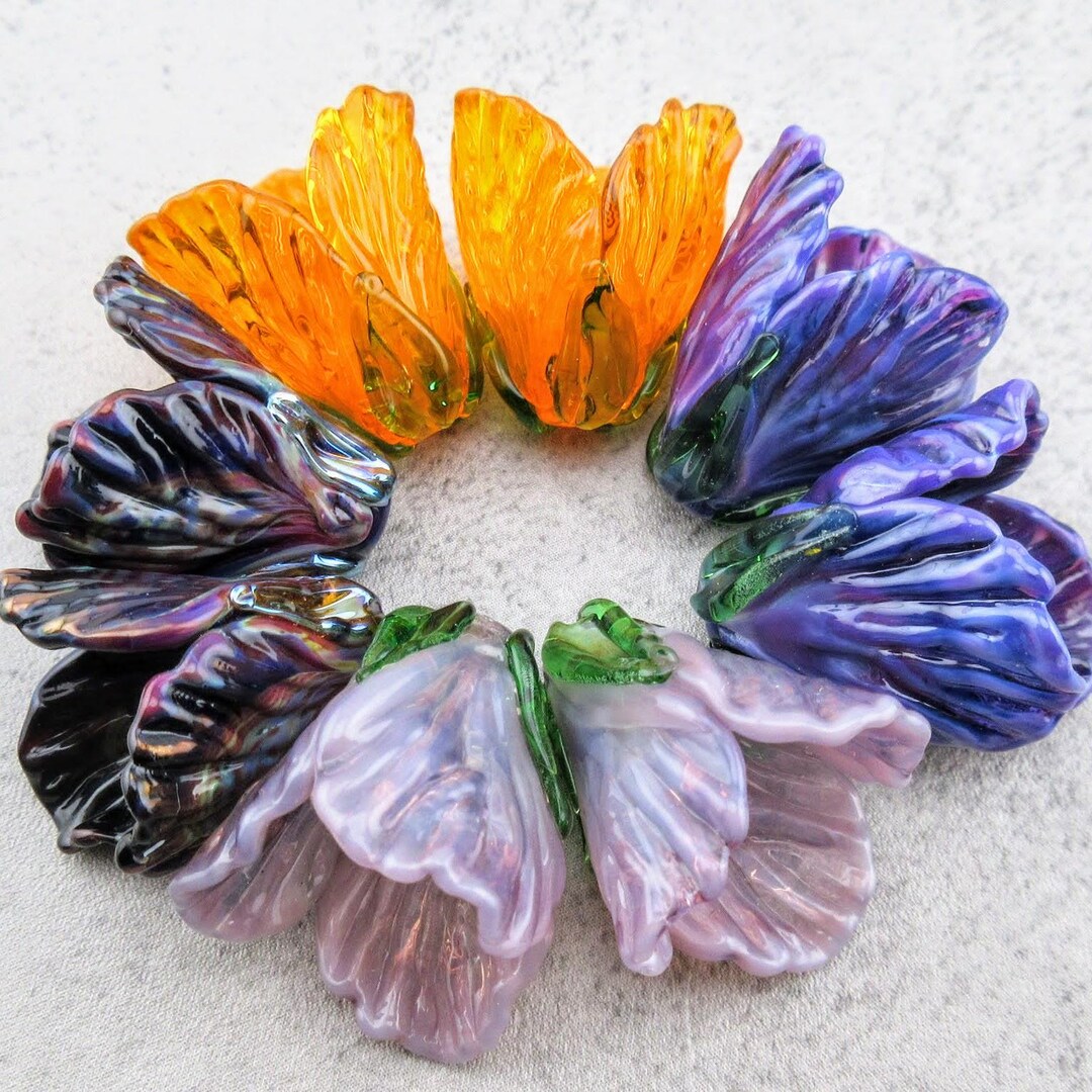 Flower Lampwork Beads, Purple, Orange, Lavender and Dark Multi-color ...