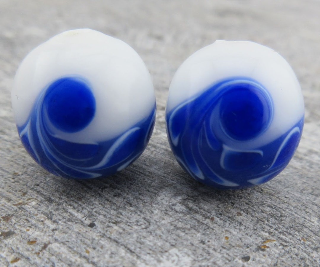 Blue Ocean Wave Glass Lampwork Beads, Round White Background, Handmade ...