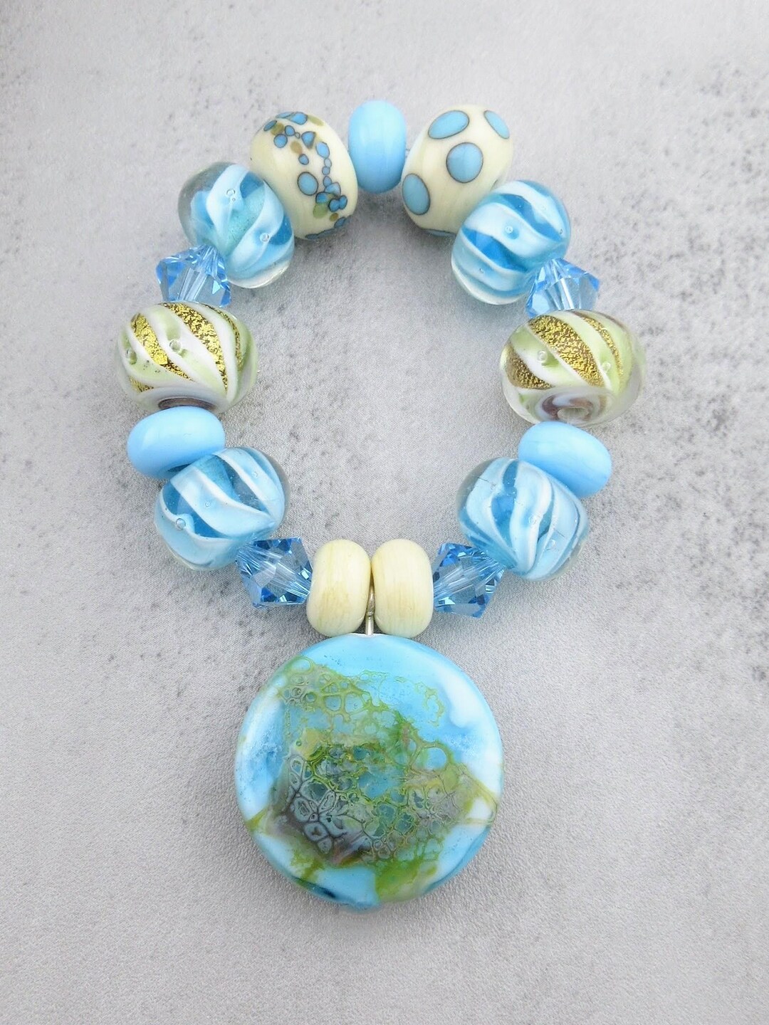 Lampwork Bead Set, Aqua Blue Gold Cream, Artisan Glass 1" Focal Bead ...