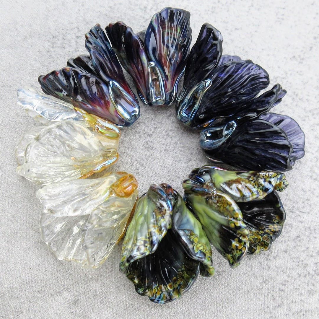 2 Open Flower Bud Glass Lampwork Beads, Green Purple Hues, Dark ...