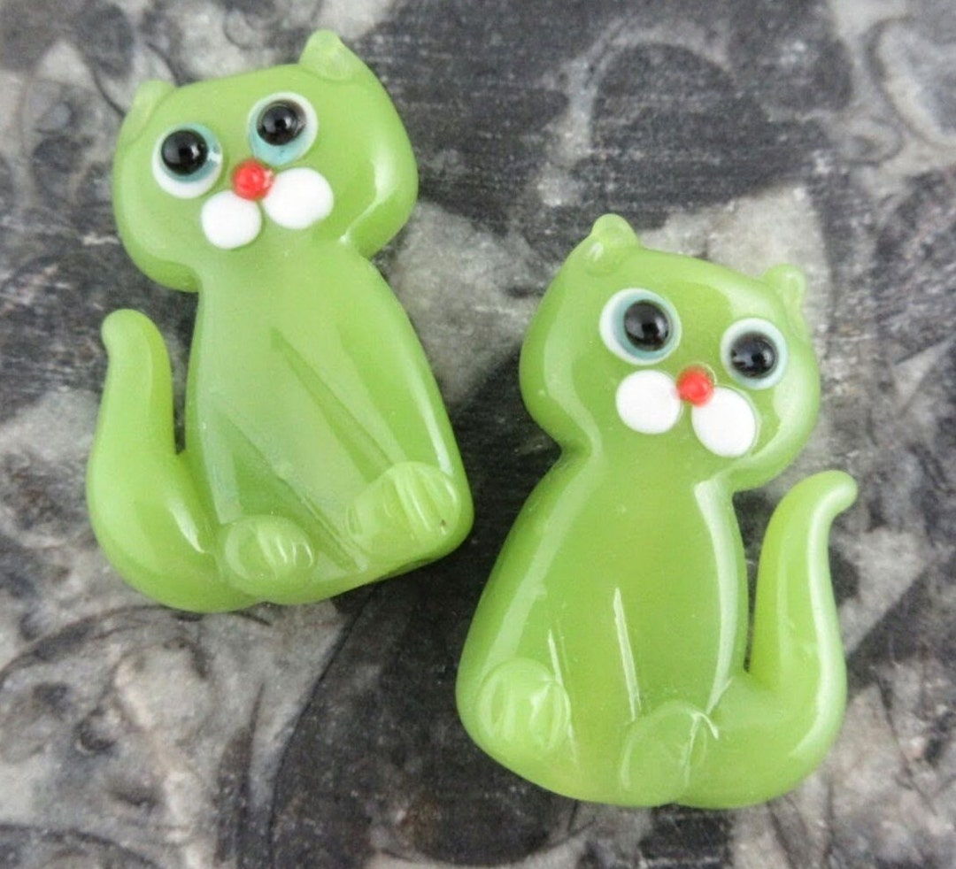 Green Cat Glass Lampwork Beads, Kitten or Kitty Cat Shape Handmade ...