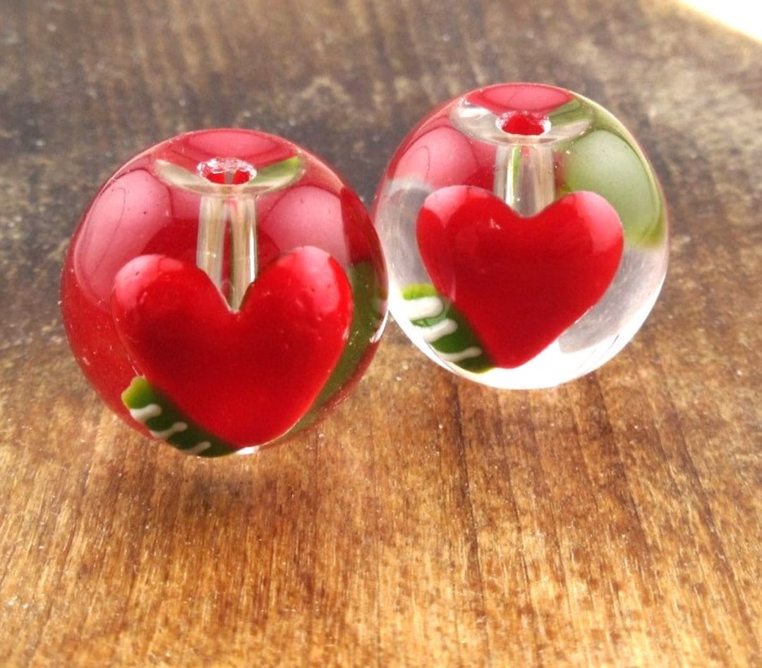 Unique Christmas Lampwork Beads, Round Glass Heart Design, Red Hearts ...