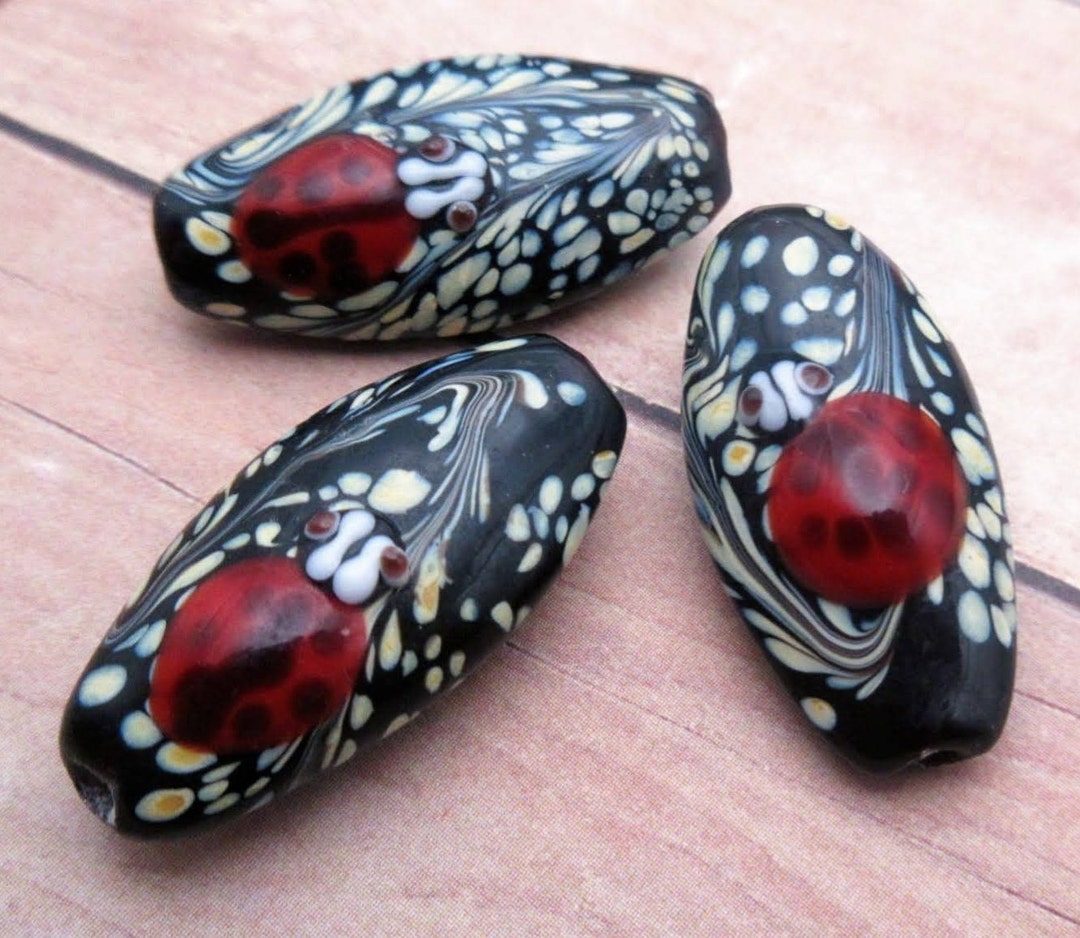 Red Ladybug Lampwork Glass Beads, Black Long Oval, Wavy Swirl Design ...