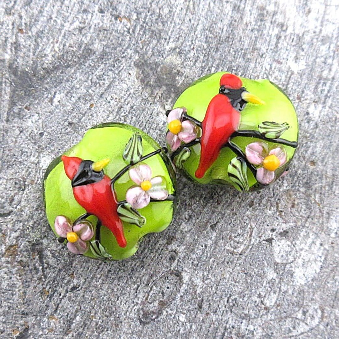 Cardinal Glass Lampwork Bead, Handmade Spring Green Floral Lentil ...