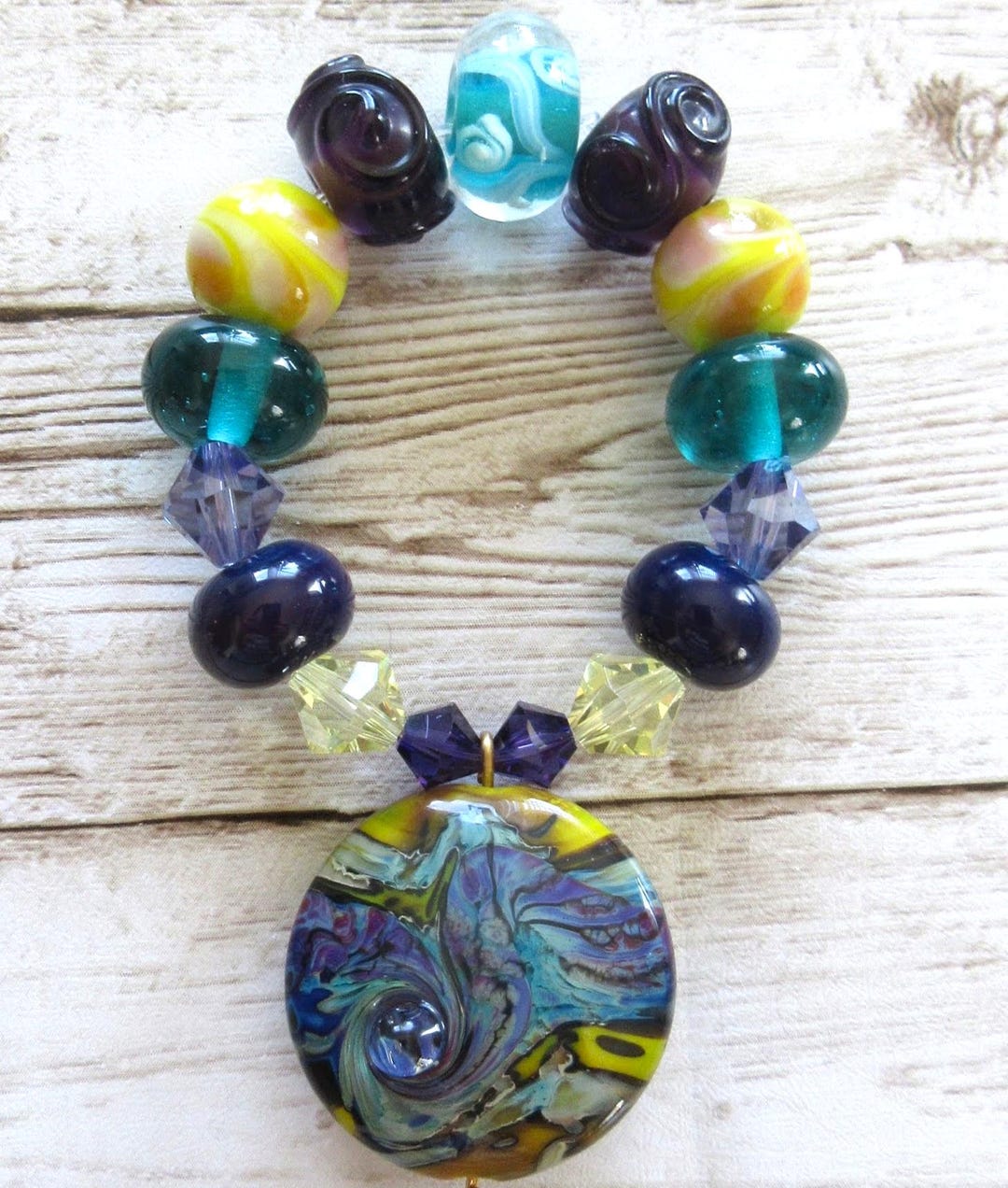16 Lampwork Glass Bead Set, Yellow, Green & Purple Swirl 1 Inch Artisan ...