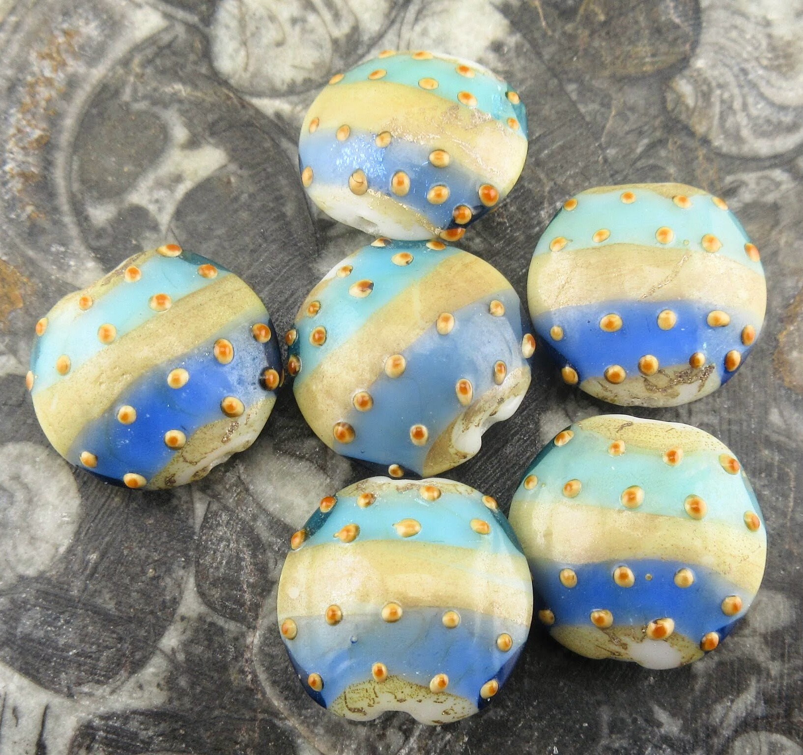 Striped Lampwork Glass Beads: Mint, Blue, Gold Dots 20mm Handmade Discs ...