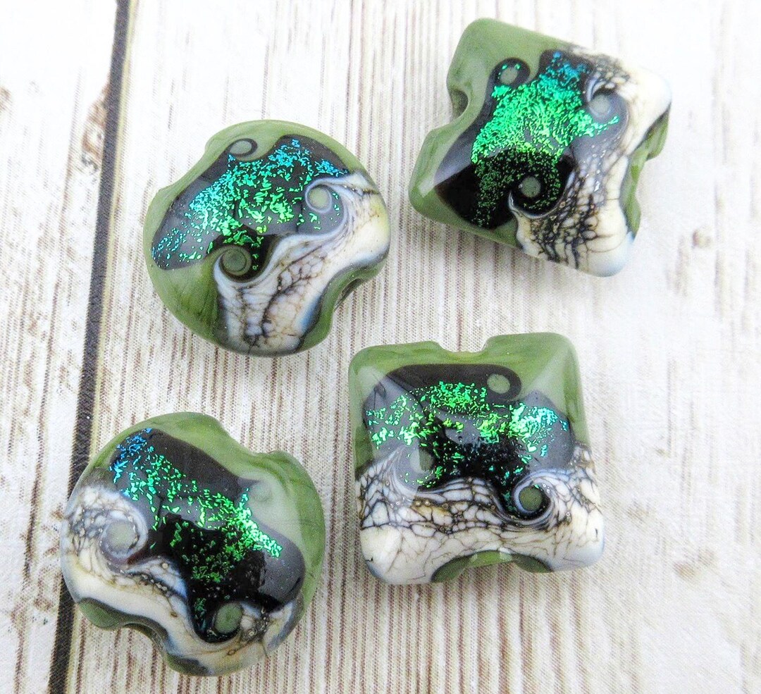 Green Murano Glass Lampwork Bead, Dichroic Shimmery Emerald Ocean Waves Venetian Glass, Olive ...