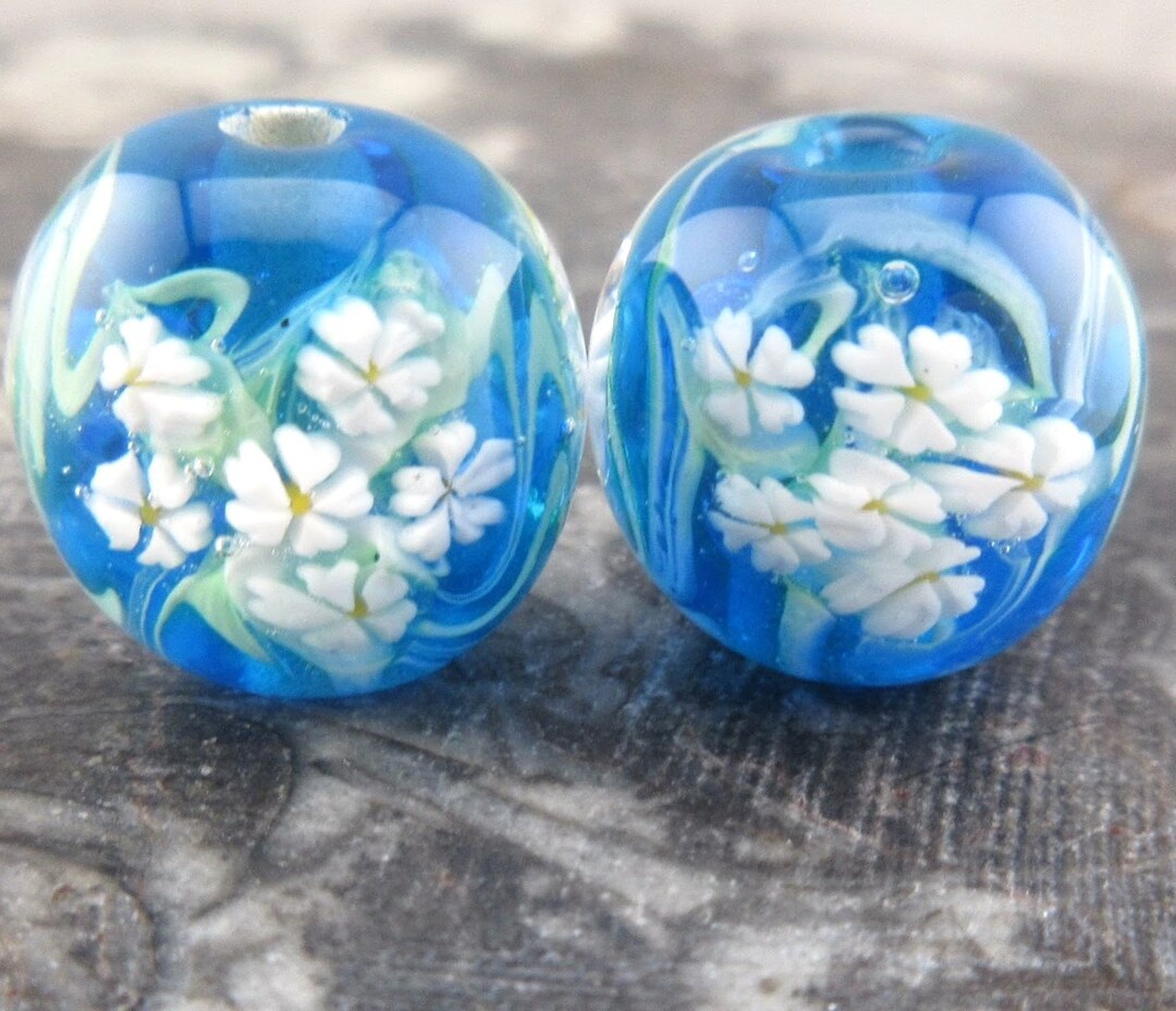 Blue Floral Glass Lampwork Beads, White Encased Daisies, Burst of ...