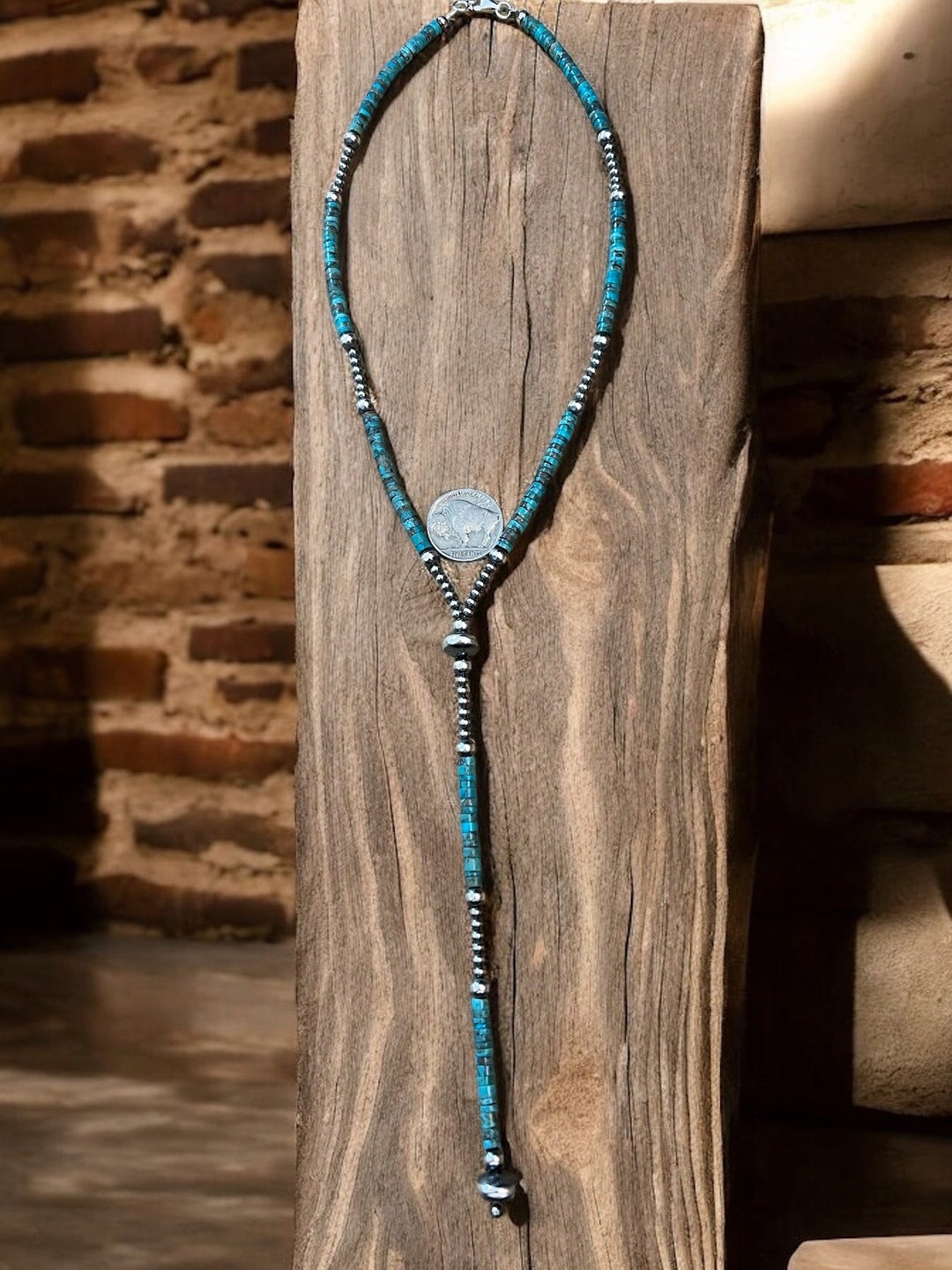 Sterling Silver Navajo Pearl and Turquoise Heishi Lariat Necklace ...
