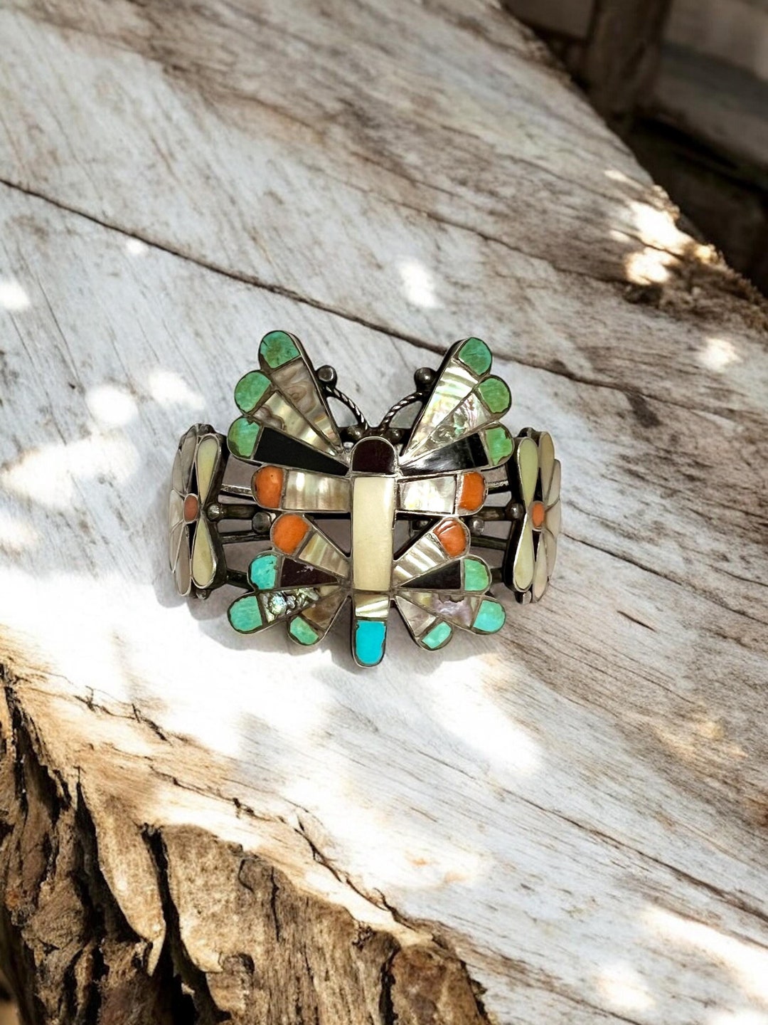 Zuni Butterfly Multi Stone Sterling Silver Inlay Cuff Bracelet. Signed ...