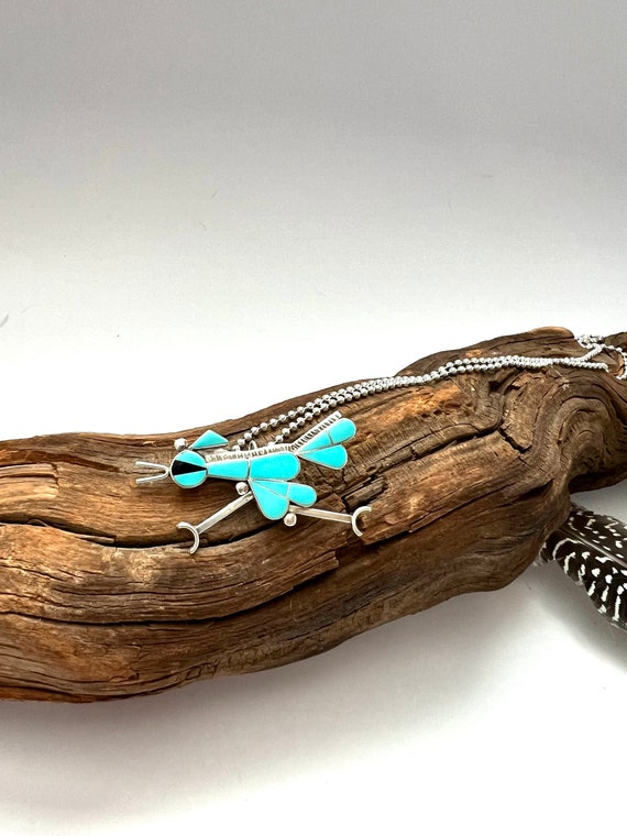 Edaakie Zuni Mosaic Turquoise Inlay Roadrunner Pendan… - Gem
