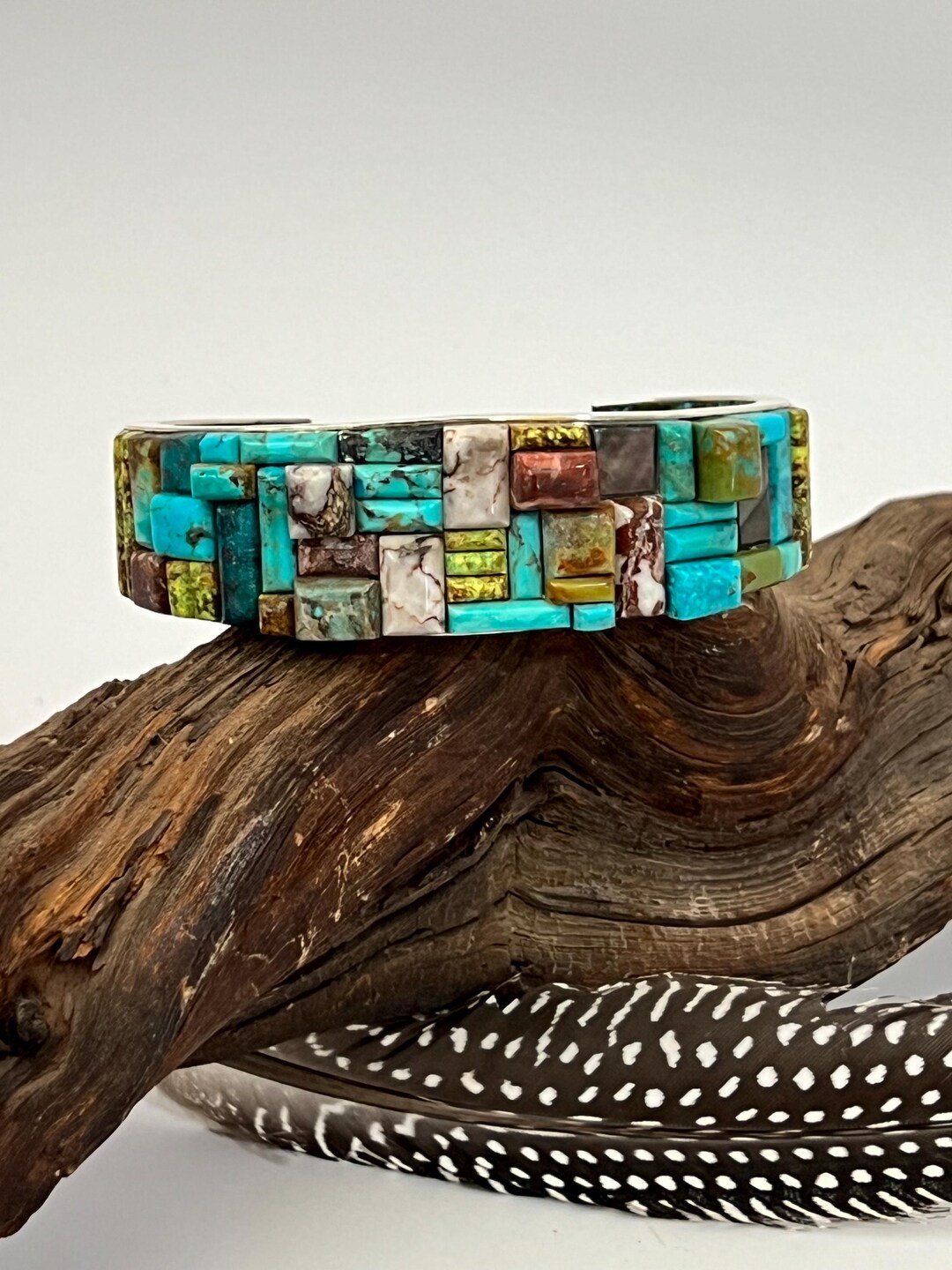 Multi Stone Turquoise Inlay Cobblestone Sterling Silver Cuff Bracelet ...