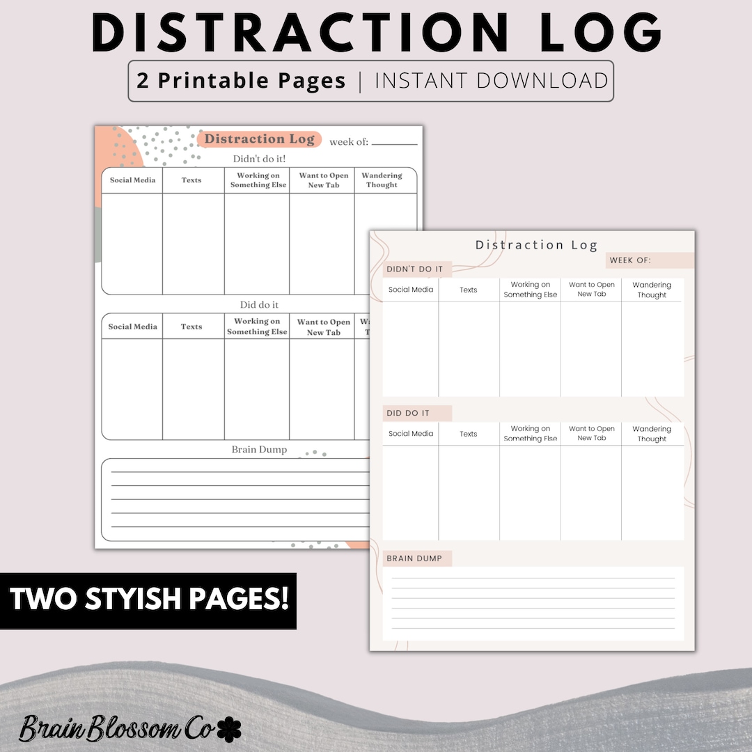 The Original Distraction Log Printable | ADHD Productivity Planner ...