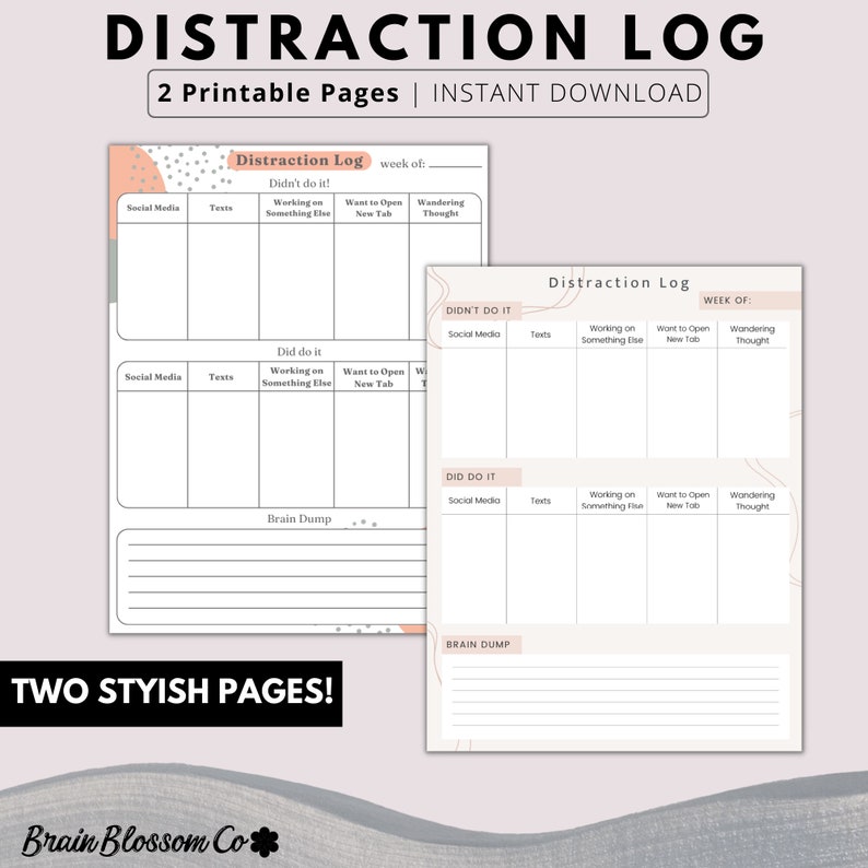 The Original Distraction Log Printable | ADHD Productivity Planner ...