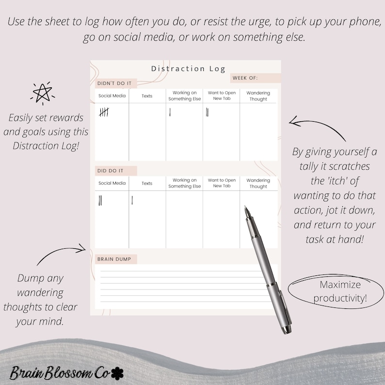 The Original Distraction Log Printable | ADHD Productivity Planner ...