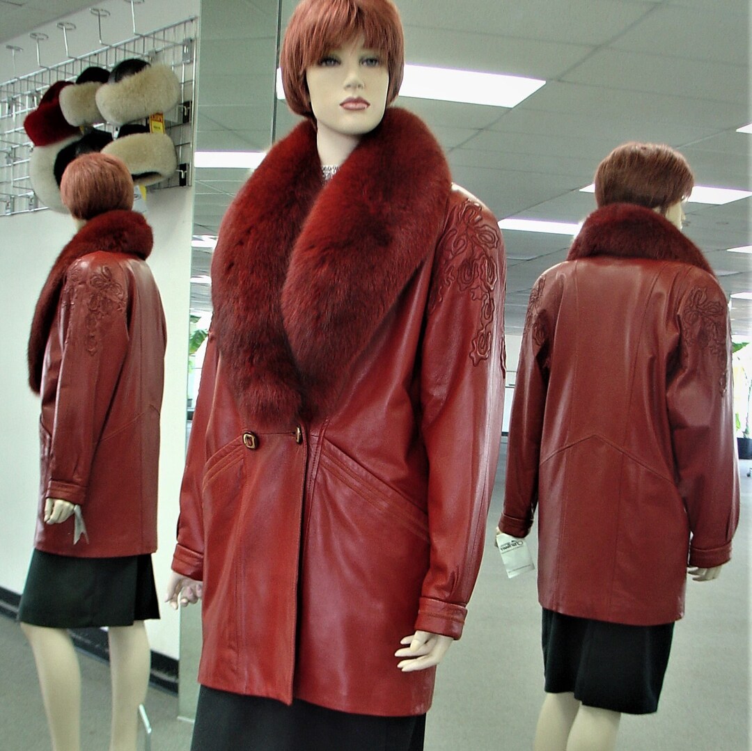 New Red Lamb Leather Jacket, Detachable Fox Collar Size M - Etsy