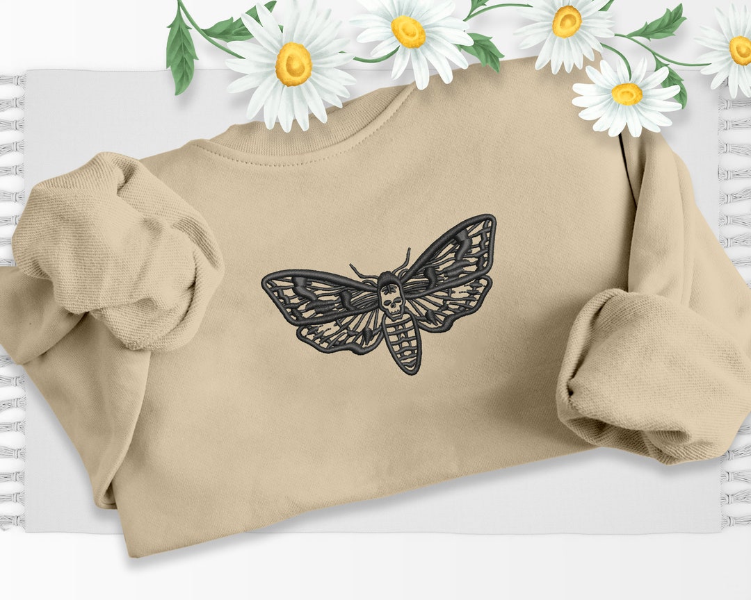 Moth Sweatshirt, Embroidered Moth Dead Skull Sweater, Vintage Halloween ...