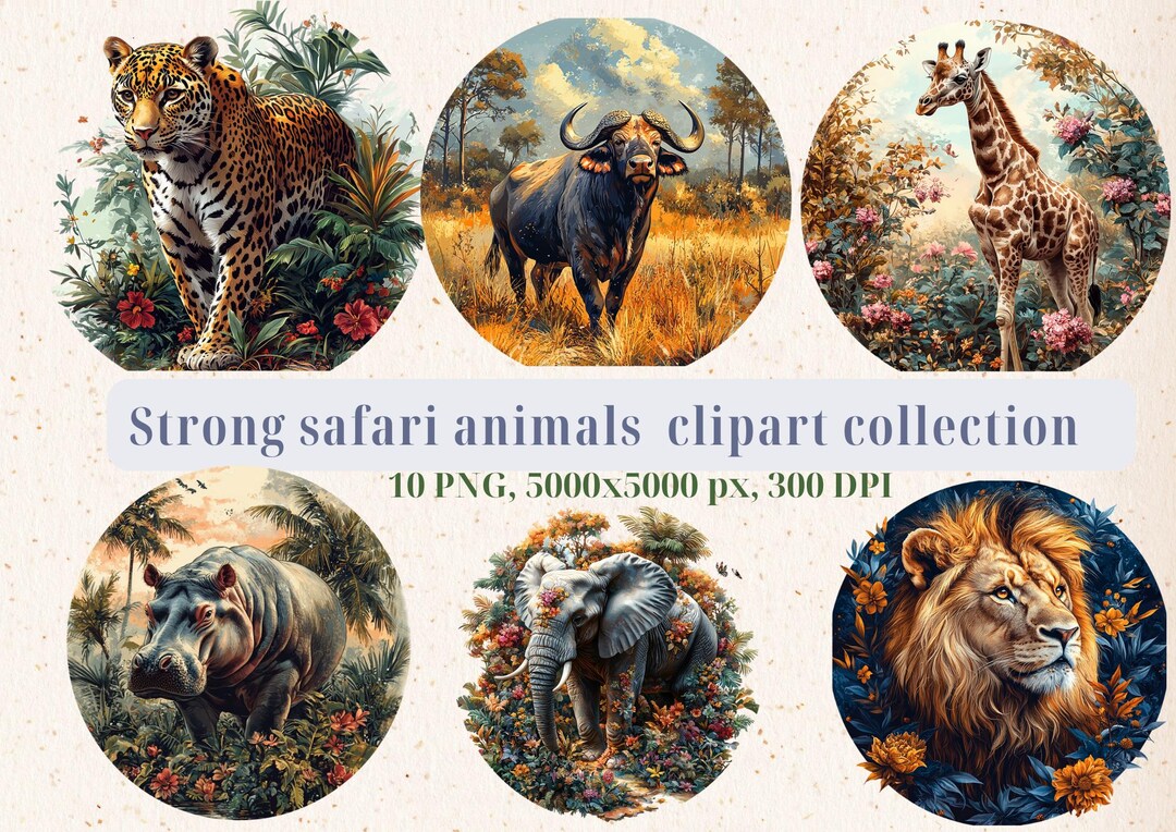Floral Safari Animals Clipart | African Wildlife Illustrations (PNG ...