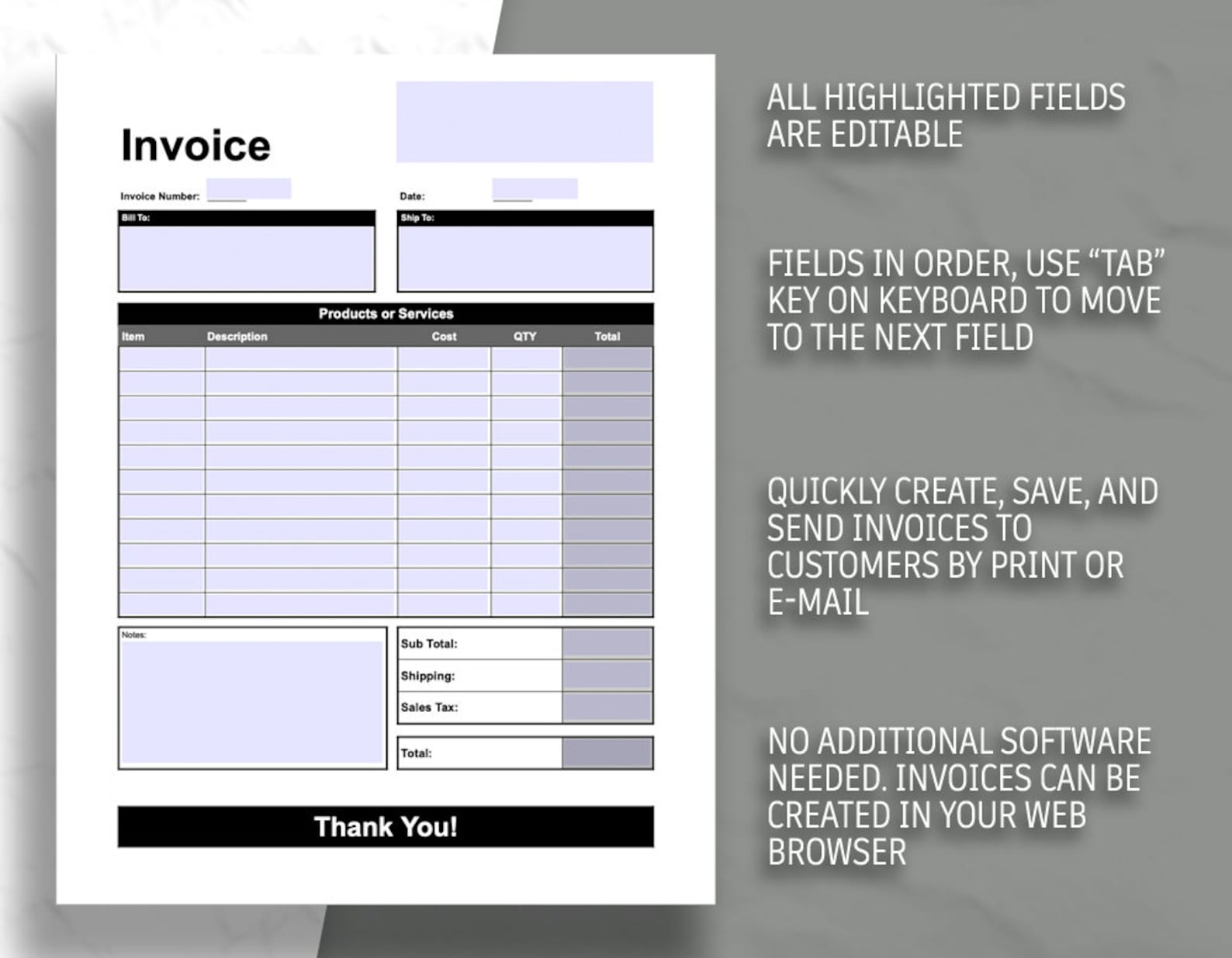 Invoice Template PDF Editable Fields. Reusable. Works in MS Word ...