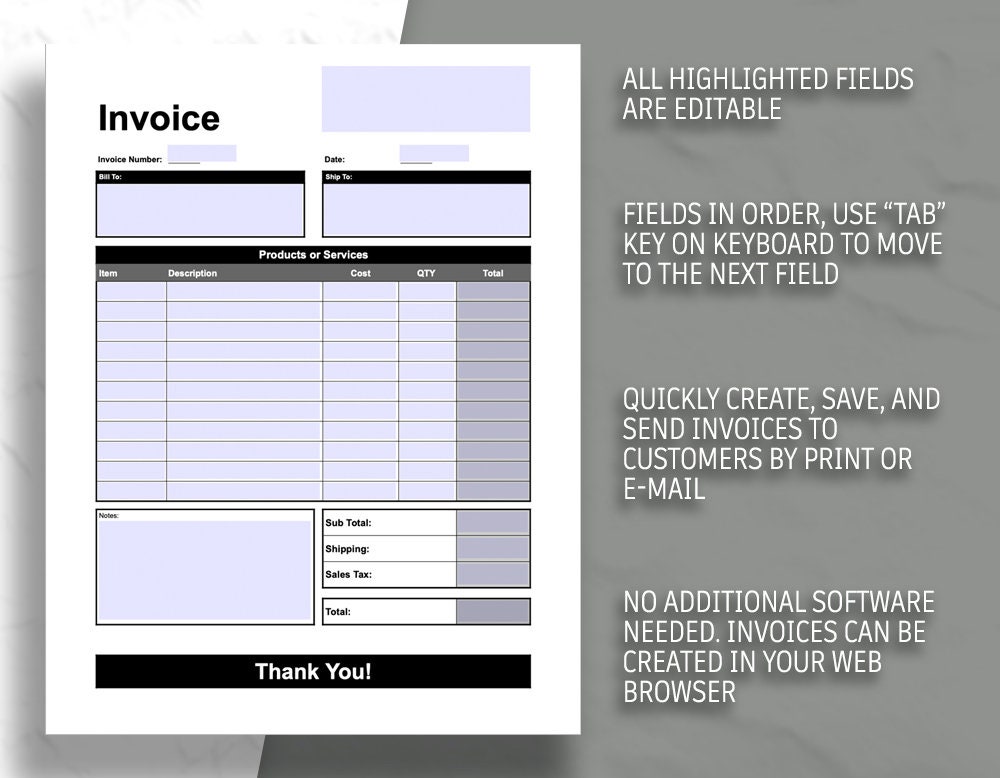 Invoice Template PDF Editable Fields. Reusable. Works in MS Word ...