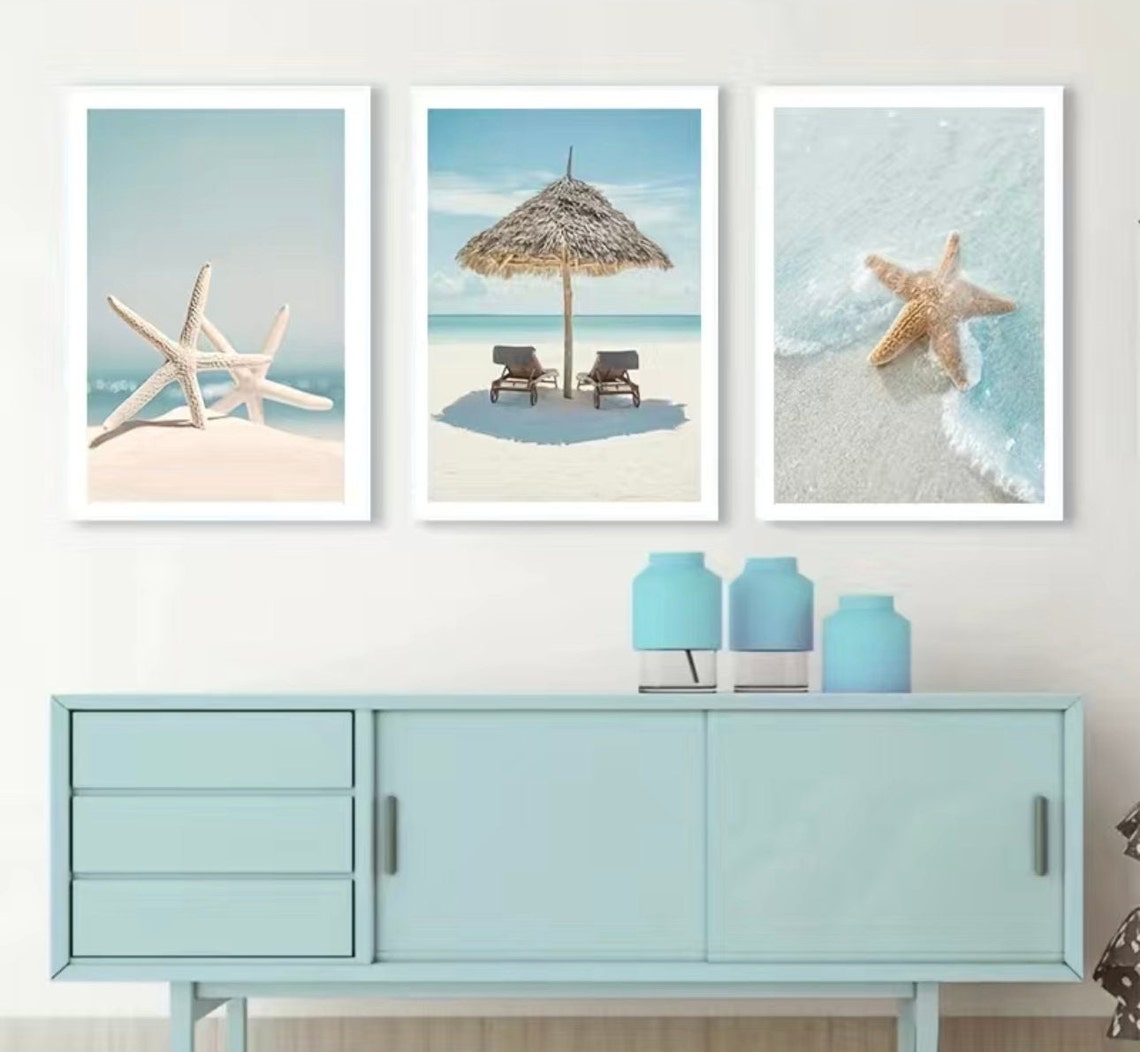 Physical Print Set of 3 Blue Sea Beach Starfish Landscape Print ...