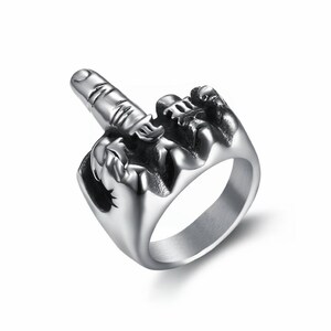 Vintage Fist Middle Finger Ring Stainless Steel & Silver Letter Ring ...
