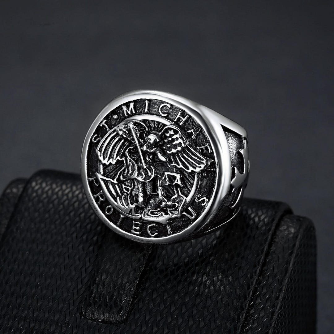 Vintage Archangel Michael Ring,cross Titanium Steel Band,wide Index ...