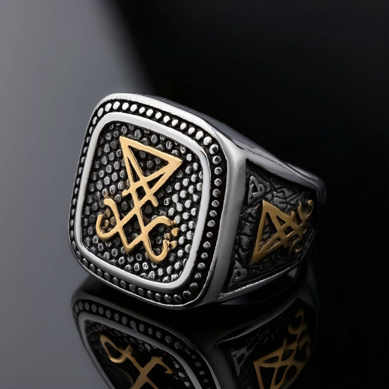 Dark Gothic Stainless Steel Ring Lucifer Emblem, Satan Speckled Steel ...